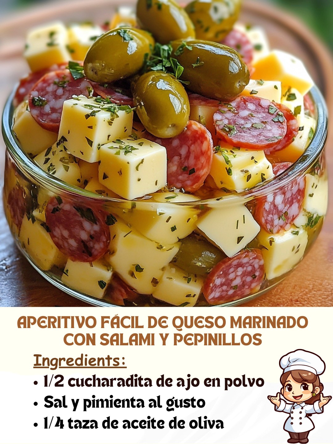 Aperitivo Fácil de Queso Marinado con Salami y Pepinillos - Sin harina